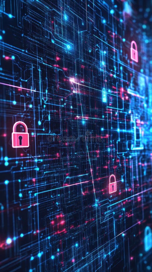 Abstract Cyber Security Network with Padlocks and Blue and Red Lights ...