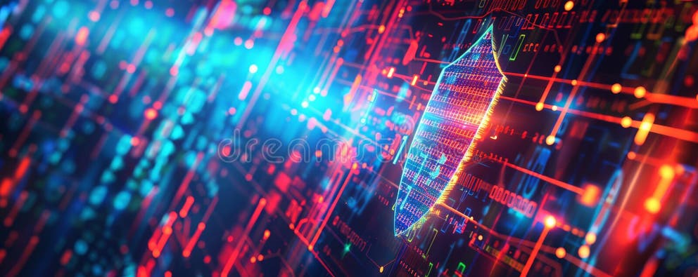 Abstract Cyber Security Theme with a 3D Shield Icon, Encrypted Data ...
