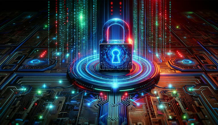 Abstract Cybersecurity Concept, Glowing Digital Lock Over Circuit Board, Matrix Binary Code in ...