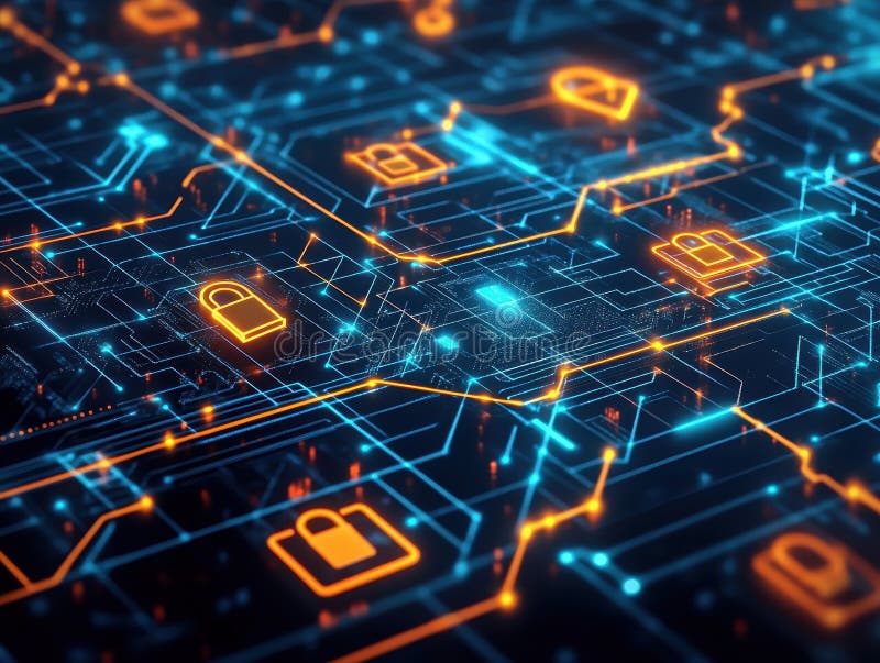 Abstract Cybersecurity Network with Glowing Padlocks on Circuitry Stock ...