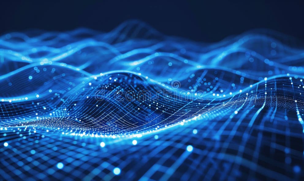 Abstract Cyberspace Blue Waves with Digital Particles and Bokeh Stock ...