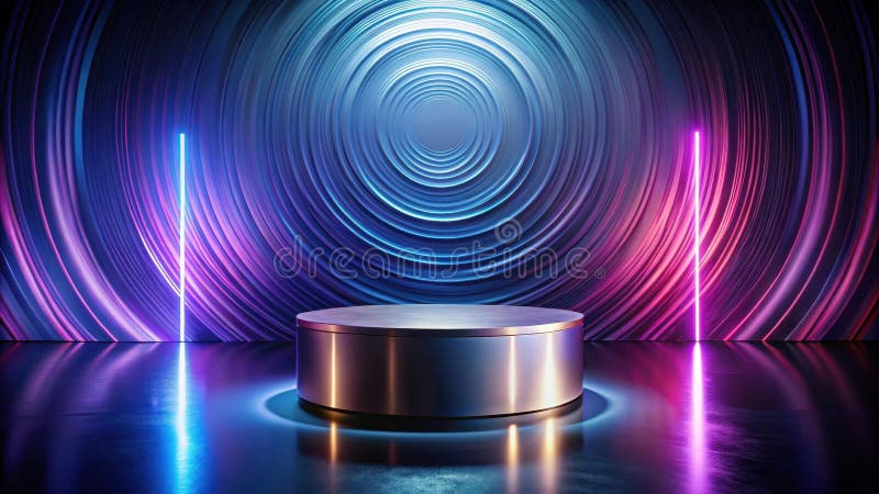 Abstract Cylindrical Display Platform with Neon Lighting and Swirling ...
