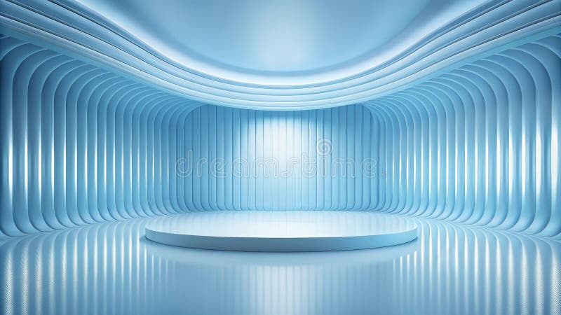 Abstract Cylindrical Stage with Light Blue Walls and Reflective Floor ...