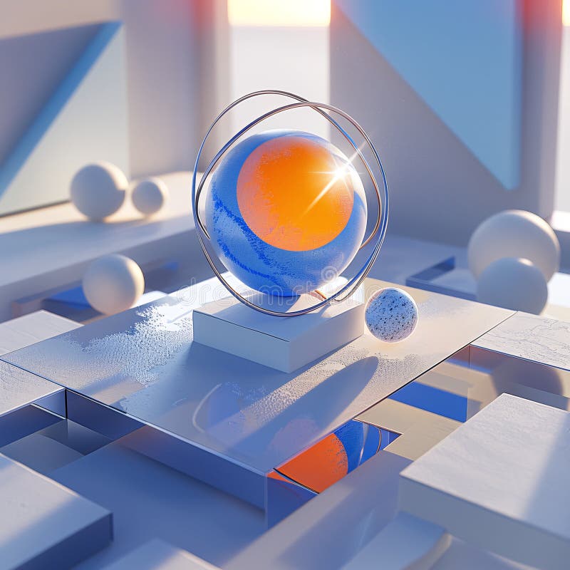 Abstract 3D Art Composition with Glowing Sphere and Geometric Shapes ...