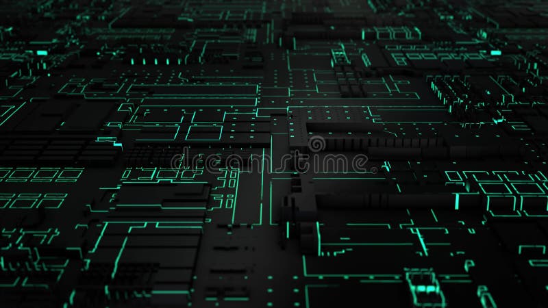 Abstract 3D Background with Computer Board and Glowing Green Circuits ...