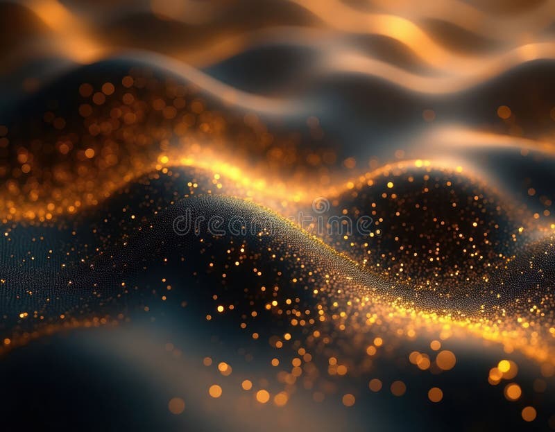 Abstract 3D Background. Golden Sparkles on Dark Background. Wavy ...