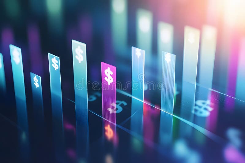 Abstract 3D Bar Chart with Dollar Signs Rising in Dynamic Motion Blur ...