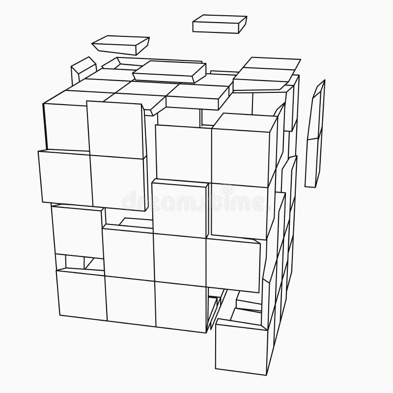 Abstract 3d Broken Cube. Composition with Squares. 3d Vector ...