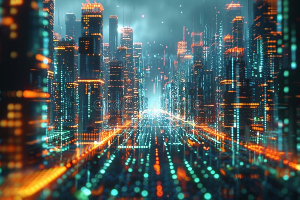 Abstract 3D Cityscape Hologram with Matrix and Binary Particles Stock Illustration ...