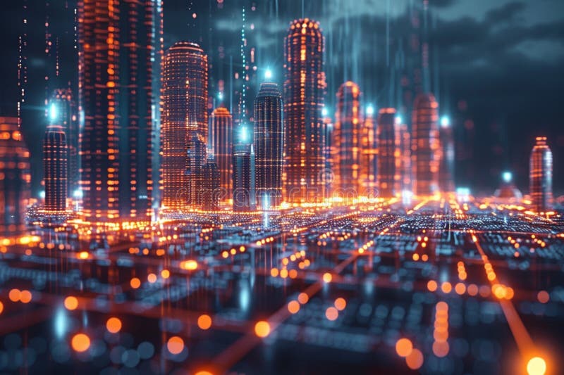 Abstract 3D Cityscape Hologram with Matrix and Binary Particles Stock ...