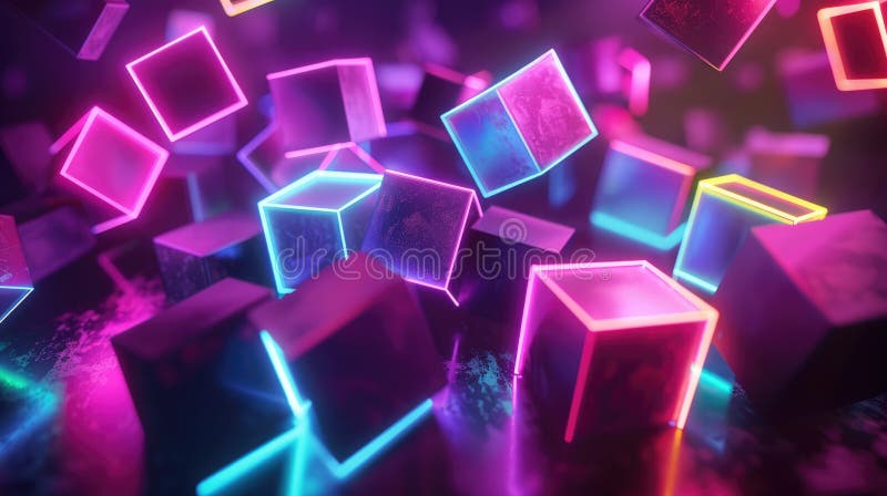 Abstract 3D Composition of Neon Shapes with Glowing Edges Floating in ...