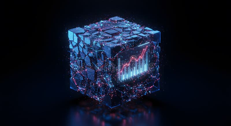 Abstract 3D Cube with Glowing Fractured Surface and Embedded Financial ...