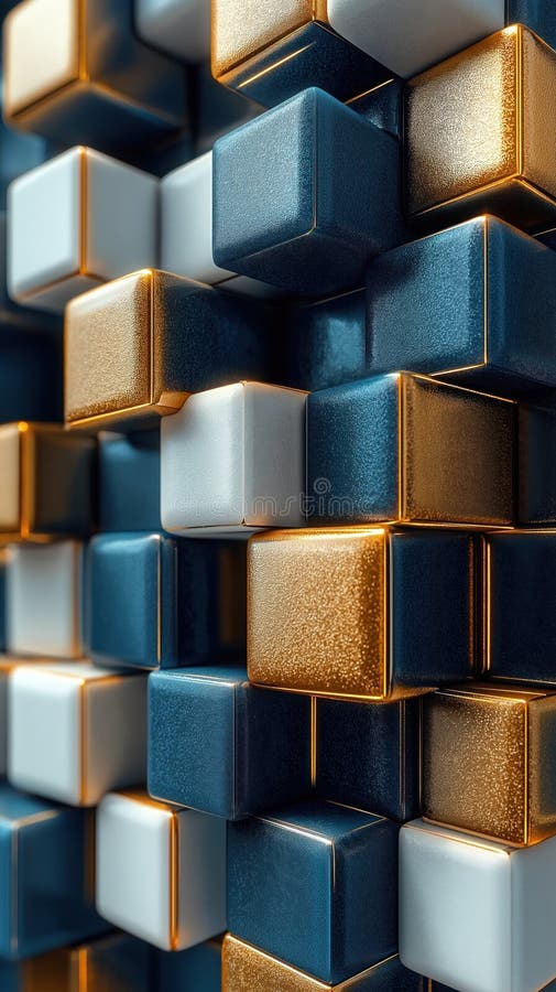 Abstract 3D Cube Pattern in Shiny Gold Blue, White Colors. Modern ...