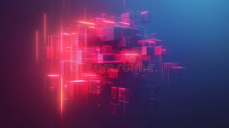 Abstract 3D Cube with Red Glowing Edges on Deep Blue Background Stock ...
