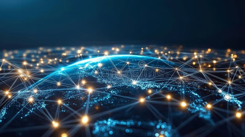 An Abstract 3D Digital Technology Planet, Rendered in Blue Neon with ...