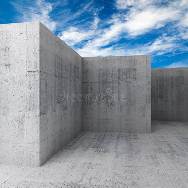 Abstract 3d Empty Concrete Room Interior with Blue Sky Stock ...