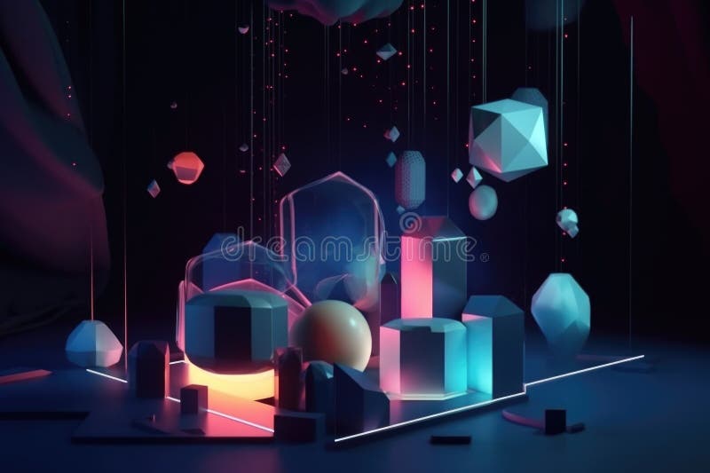 Abstract 3d Environment with Floating Geometric Shapes, Lights, and ...