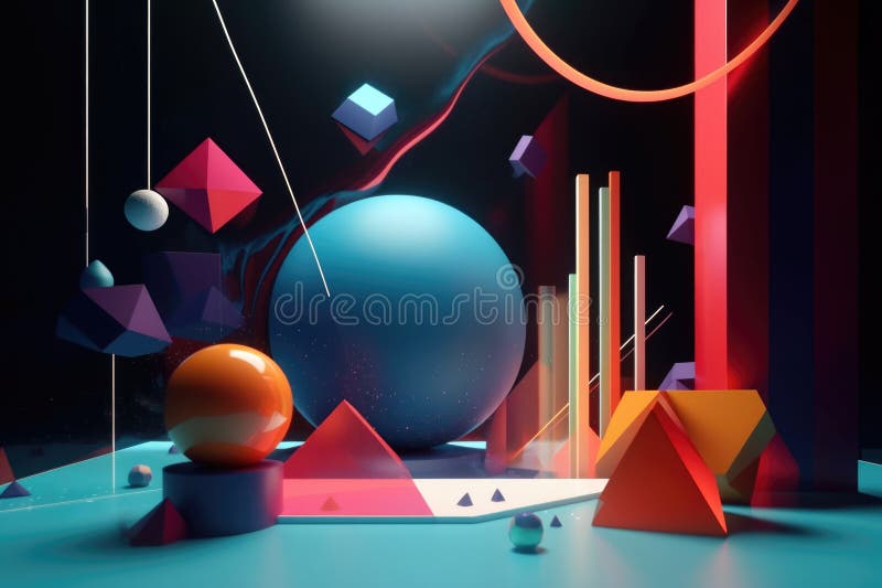 Abstract 3d Environment with Floating Geometric Shapes, Lights, and ...