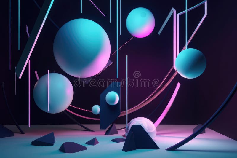 Abstract 3d Environment with Floating Geometric Shapes, Lights, and ...