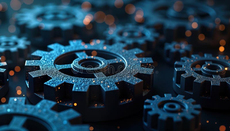 Abstract 3D Gear Wheels Digital Art. Dark Background with Shining Gears ...