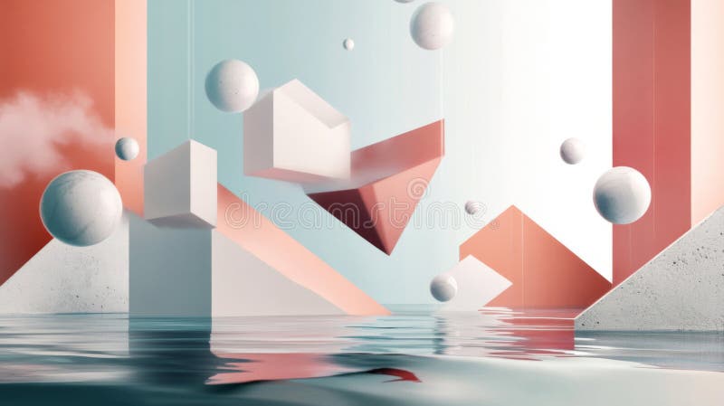 Abstract 3D Geometric Shapes Floating in Water Stock Illustration ...