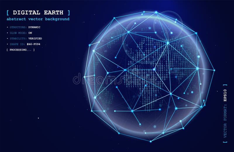 Abstract 3D Globe of Lines and Dots. World Map of Binary Numbers ...