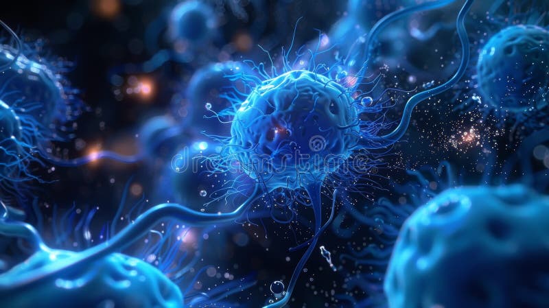 Abstract 3D Illustration of Blue Cells with Glowing Particles. Suitable ...