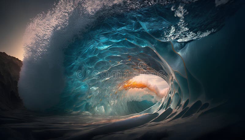 Abstract 3D Illustration of a Blue Ocean Wave in a Cave. Stock ...