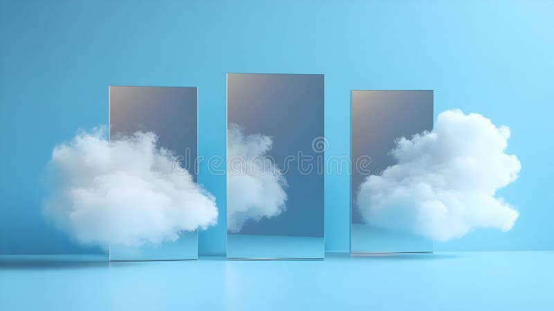 Abstract 3D Illustration of Clouds Reflecting in Mirrors on a Blue ...