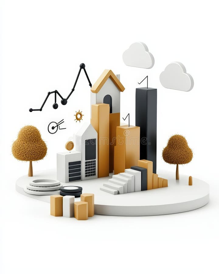 Abstract 3D Illustration of Financial Growth with Graphs, Buildings ...