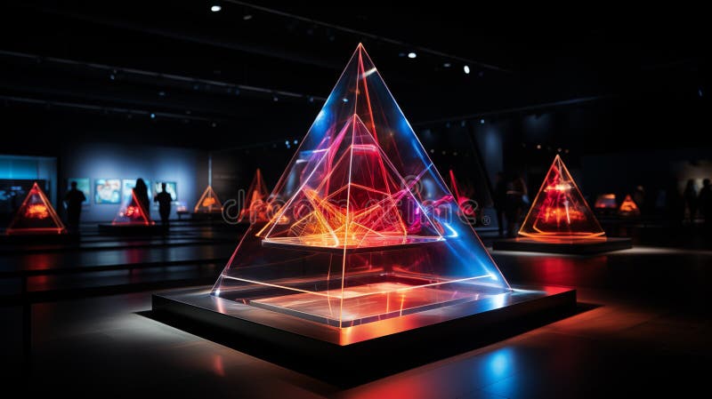 Abstract 3d Illustration of a Glass Pyramid in a Dark Room , Nighttime ...