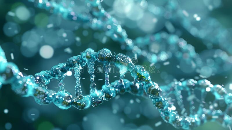 Abstract 3D Illustration of a Glowing Blue DNA Strand with Particles ...