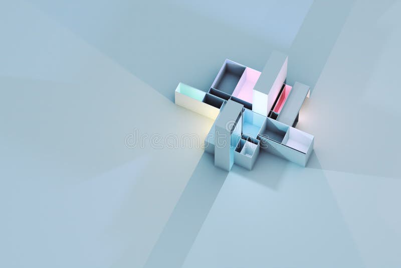 Abstract 3D Illustration of a Jumble of Open Boxes with Multi Colored ...
