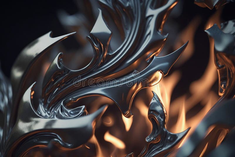 Abstract 3D Illustration of Metallic Objects in Flames with Reflection ...