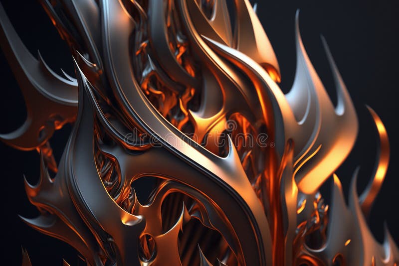 Abstract 3D Illustration of Metallic Objects in Flames with Reflection ...