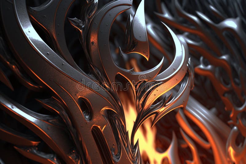 Abstract 3D Illustration of Metallic Objects in Flames with Reflection ...