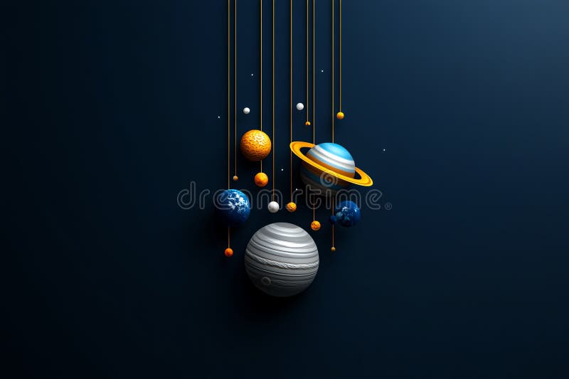 Abstract 3D Illustration of Planets Hanging by Strings on a Dark Blue ...