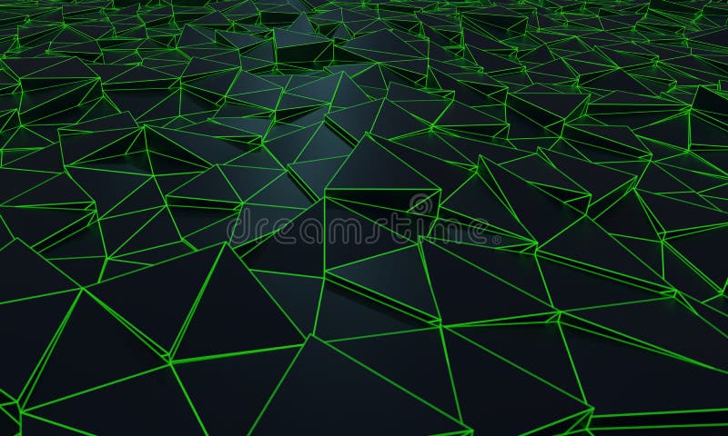 Abstract 3D Image, a Grid of Green Glowing Triangles Broken at ...