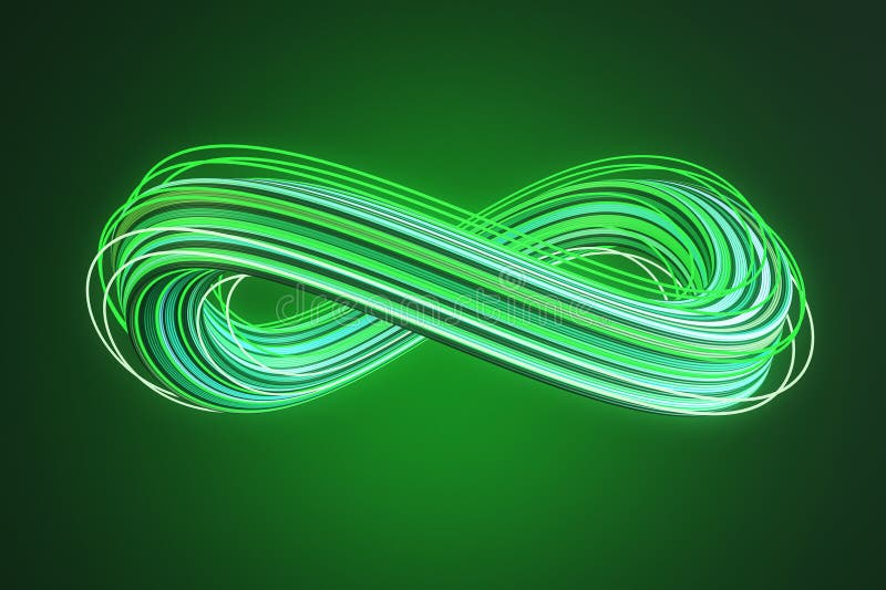 Abstract 3D Infinity Loop in Neon Green on a Dark Green Background ...