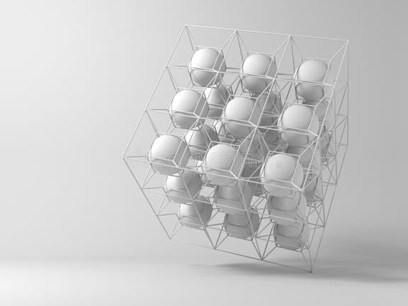 Abstract 3d Installation. Cluster of White Spheres in Cube Frame Stock Illustration ...