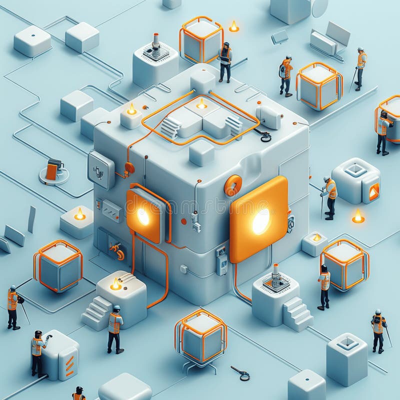 Abstract 3D Isometric Networking Illustration with Cube and Tools in ...