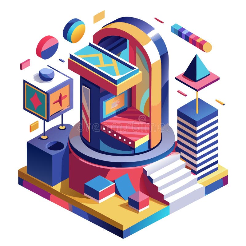 Abstract 3D Isometric Podium Display Featuring Bold Shapes and Text ...