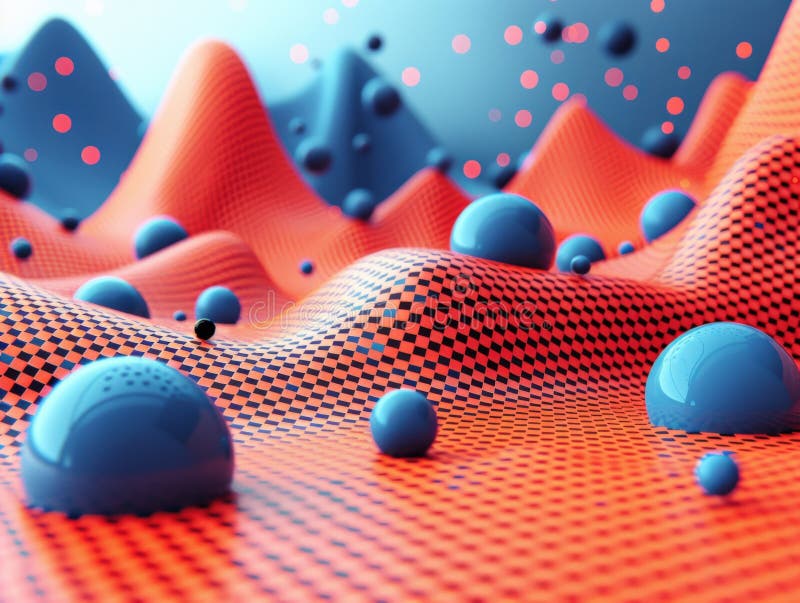 Abstract 3D Landscape with Blue Spheres and Checkered Terrain Stock ...