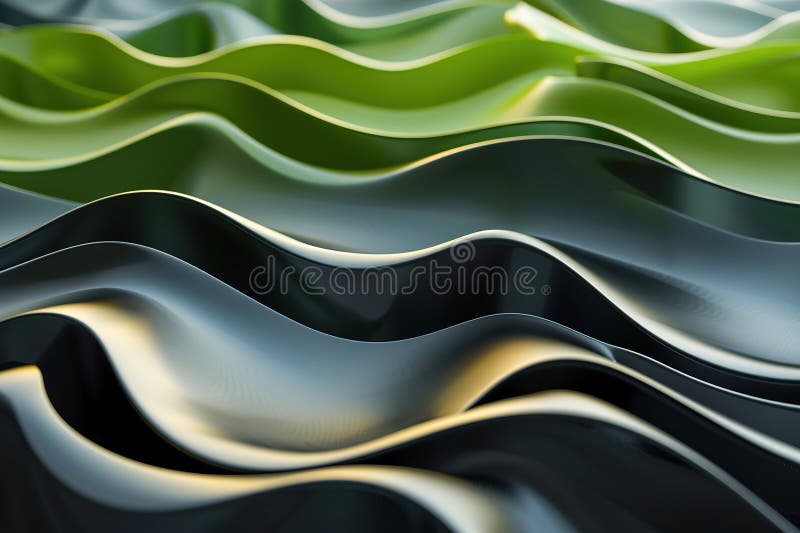 Abstract 3D Landscape of Smooth Green and Black Metallic Waves in a ...