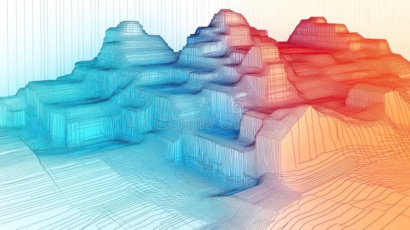 Abstract 3D Landscape Visualization with Contour Lines in Blue and Red ...