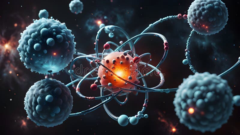 Abstract 3D Microscopic Image of Atoms with Electrons, Neutrons, and ...