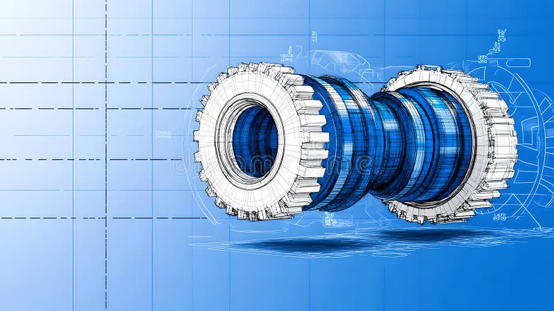 Abstract 3D Model of Gears and Wheels on Blue Background Stock ...