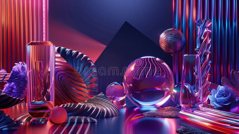 Floating 3D Neon Shapes in a Dark Space Stock Illustration ...