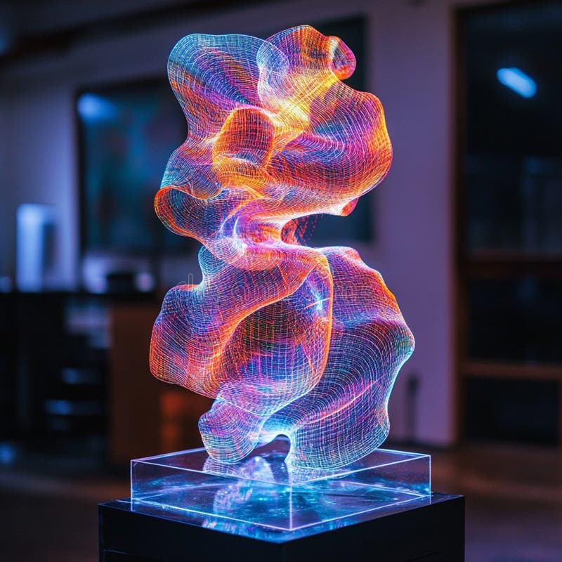 Abstract 3D Neon Sculpture Represented in Colorful Waves and Curves Captured in a Modern Gallery ...