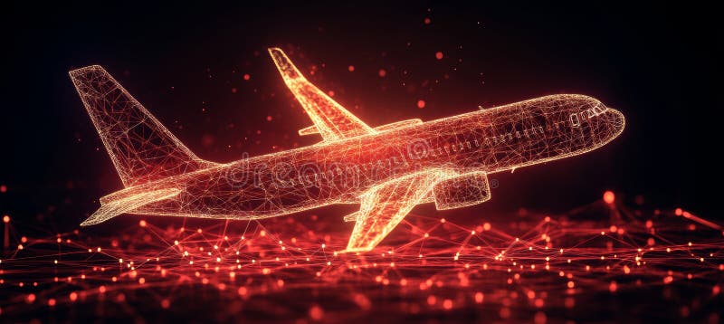 Abstract 3D Network Traveling Connection. Illuminated Airplane ...
